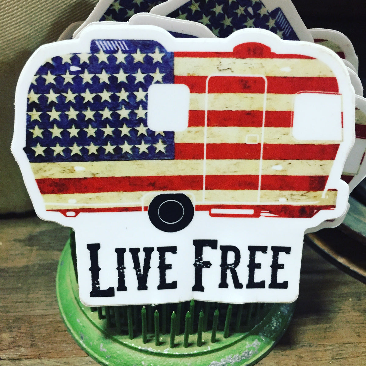 Live Free Flag Vintage Trailer Die Cut Sticker – Vintage Bliss AZ